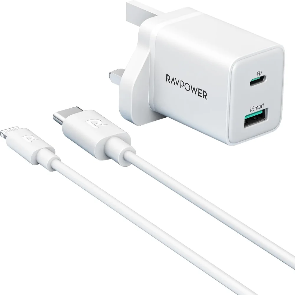 شاحن سريع راف باور USB+PD و كيبل PD ابيض بقوة 30واط موديل Rp-pc173 ...